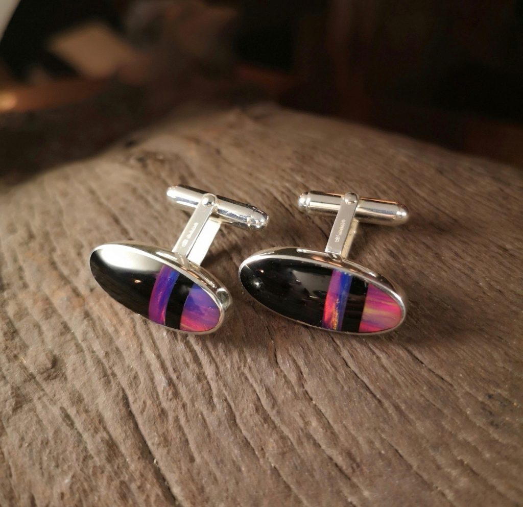 Bespoke oval Cufflinks | Whitby jet & lab created opal | The Ebor Jetworks